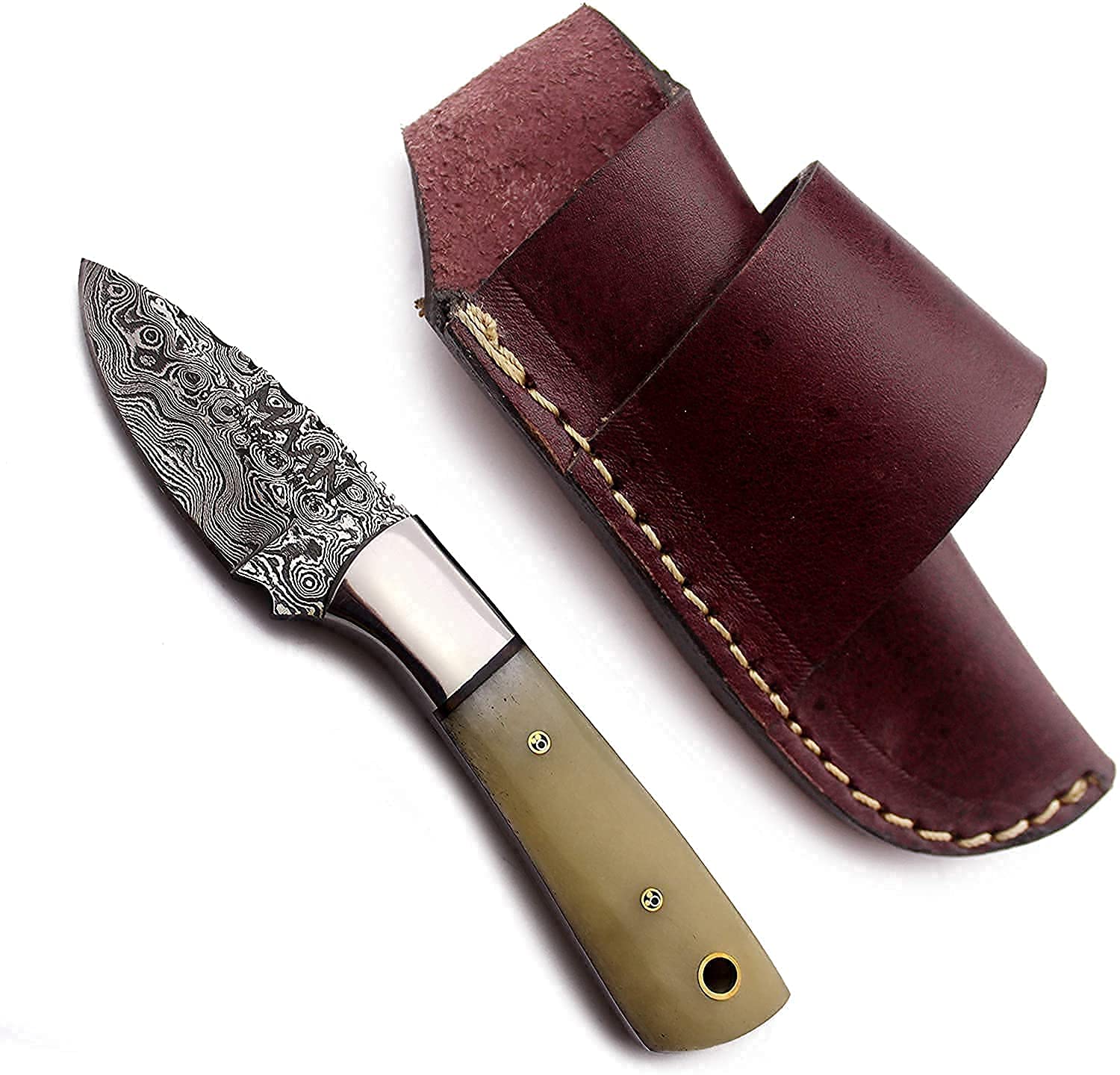 MAAN Handmade Damascus Fixed Blade Knife with Micarta & Bone Handle - Survival, Tactical and Camping - Damascus Steel Knife - Damascus Hunting Knife with Right Hand Cross Draw Leather Sheath