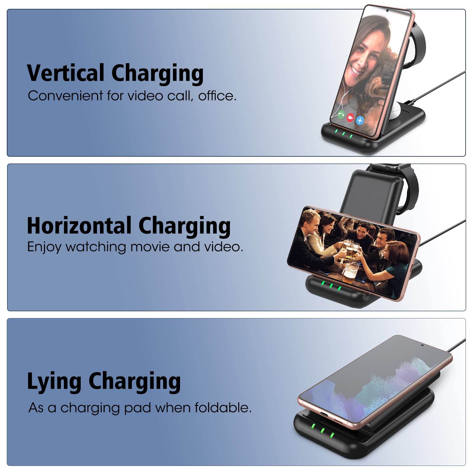 Wireless Charging Station for Samsung, 3 in 1 Wireless Charger for Galaxy Watch 5/5 pro/4/3, Samsung Galaxy S23/S22/S21/Note 20 GalaxyZ Flip 3/Z Fold 4/3, Foldable Charging Stand for Galaxy Buds+/Live