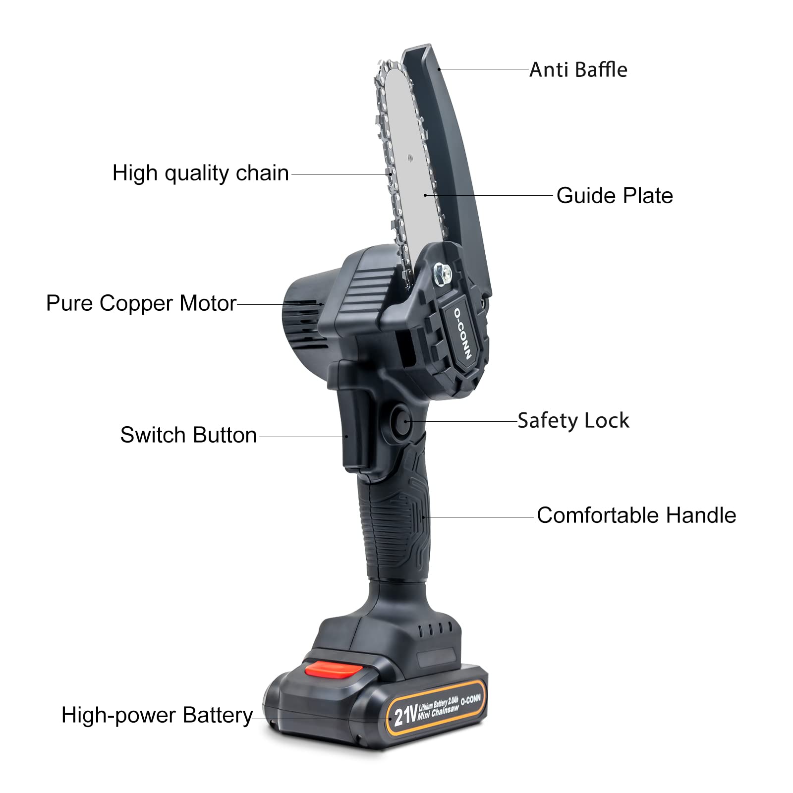 Mini Chainsaw, O-CONN 4 Inch Cordless Handheld Electric Chainsaw with 2 Batteries and 2 Chains, Battery Powered Portable Small Chain Saw with Safety Lock, for Tree Trimming Branch Wood Cutting