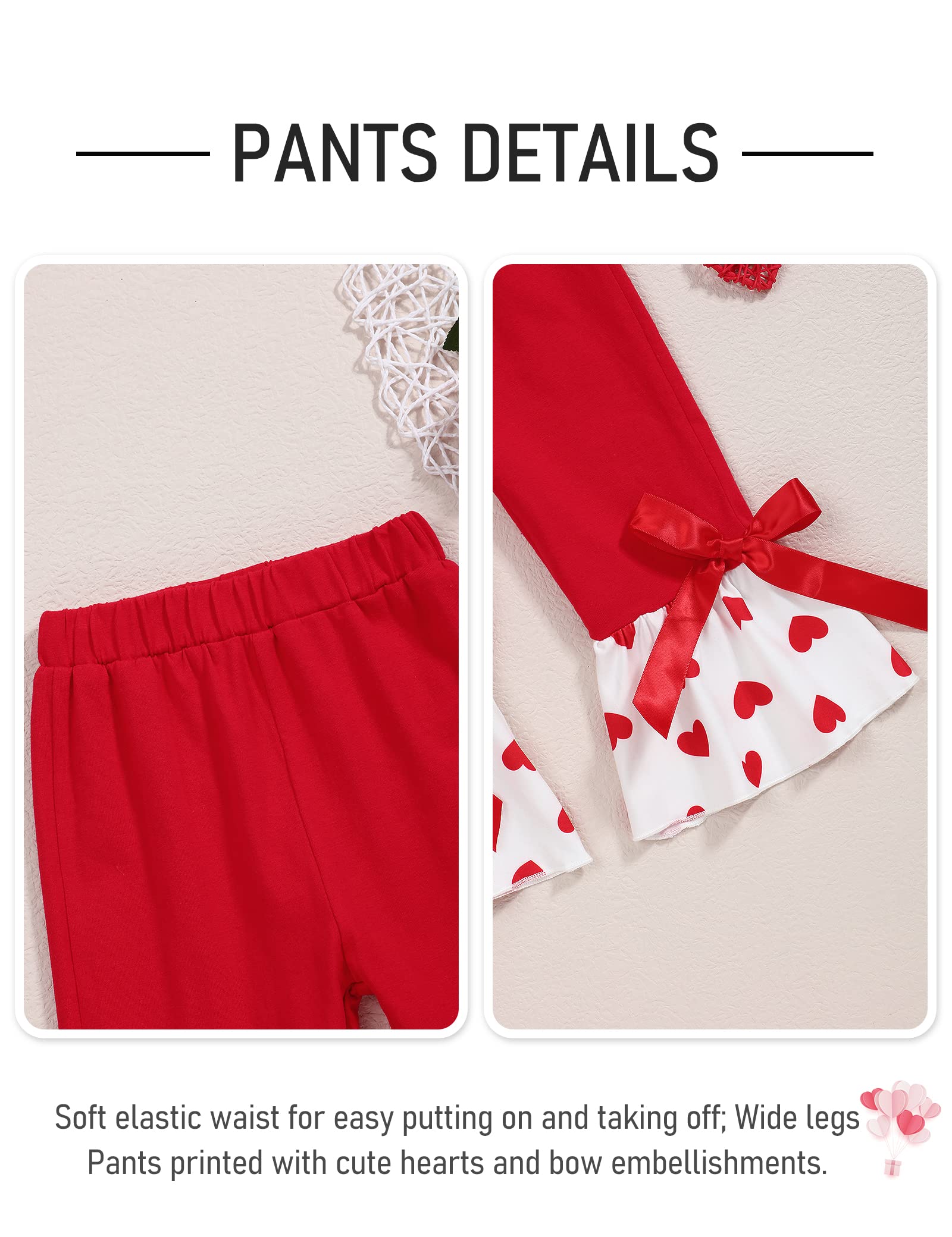 Toddler Baby Girl Valentine's Day Outfit Long Sleeve Ruffle Heart Printed Top Bell Bottom Pants Headband 3Pcs Set