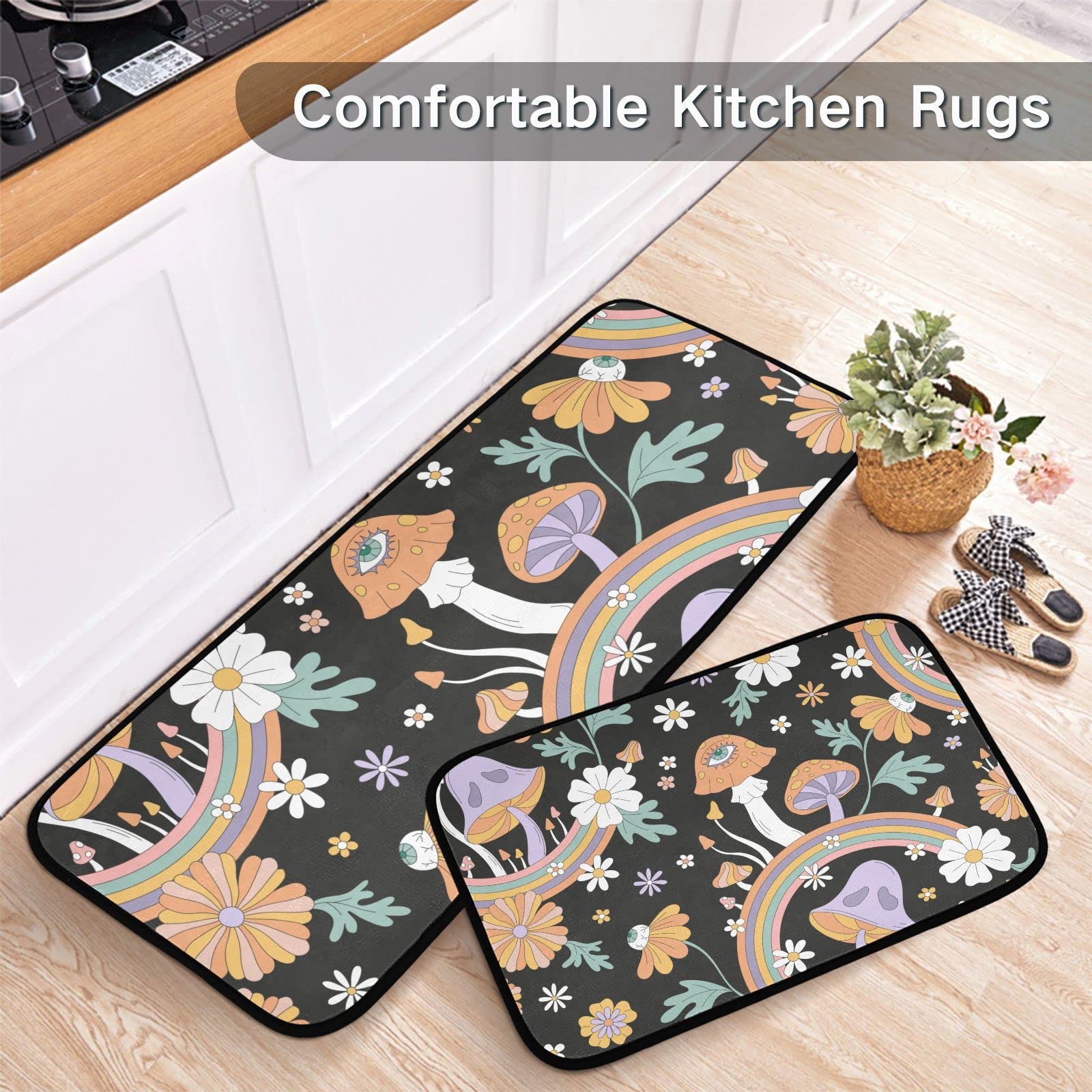 NFMILI (Mystical Mushroom) Kitchen Mat 2 PCS Cushioned Anti-Fatigue Kitchen Rug, Waterproof Non-Slip Floor Mats Thick Ergonomic Comfort Standing Mat for Kitchen Sink Laundry Room Bedroom Living Room