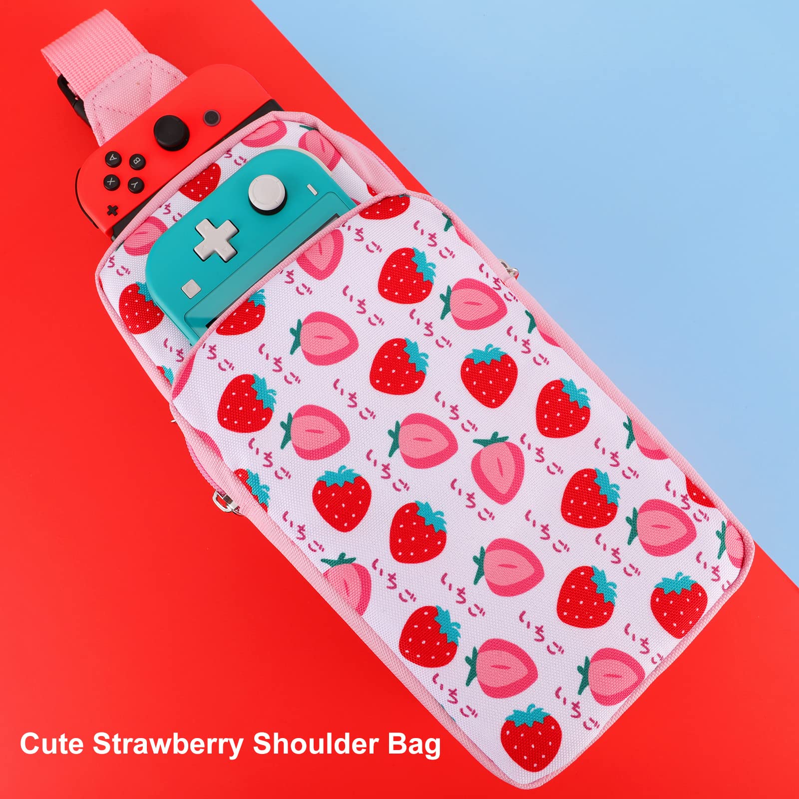Owngen Cute Travel Bag for Nintendo Switch/ Lite / OLED, Portable Small Pink Strawberry Shoulder Carrying Storage Backpack for NS Consolo, Charging Dock, Joy-Cons, Accessories for Women Grils