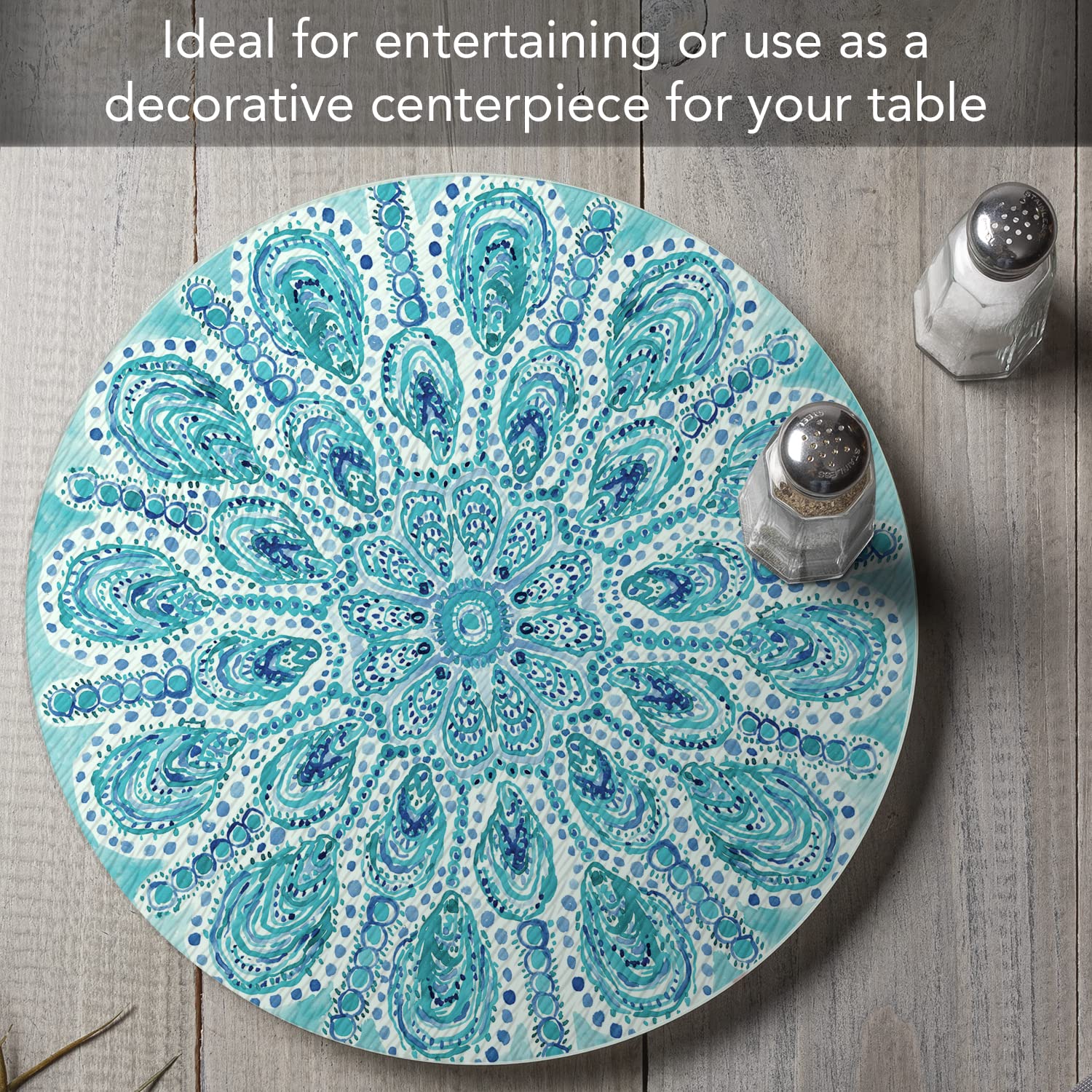 Ocean Fantasy 4mm Heat Tolerant Tempered Glass Lazy Susan Turntable 13" Round Cake Plate, Pizza Stand, Condiment Caddy
