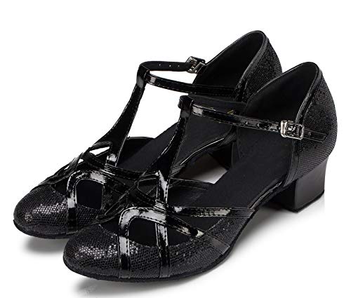 Minishion Women's T-strap Dance Heels Black/3.5cm Heel Glitter Salsa Ballroom Shoes US 10