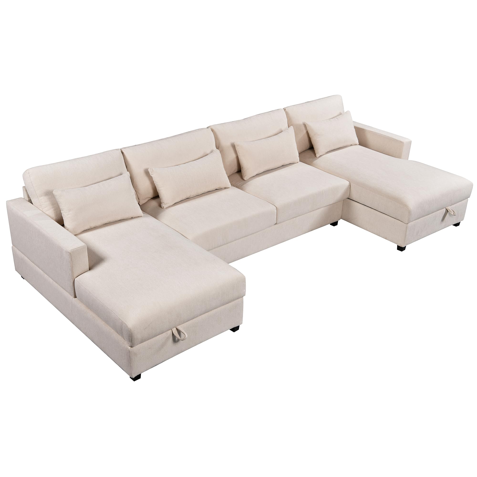 JULYFOX U Sectional Couch with 2 Storage Lounge Chaise, 128 inch Wider Sectional Sofa with 58 in Long Chaise Storage Box Underneath Thick Padded Seat Back Cushions Mid Century Modern,Beige