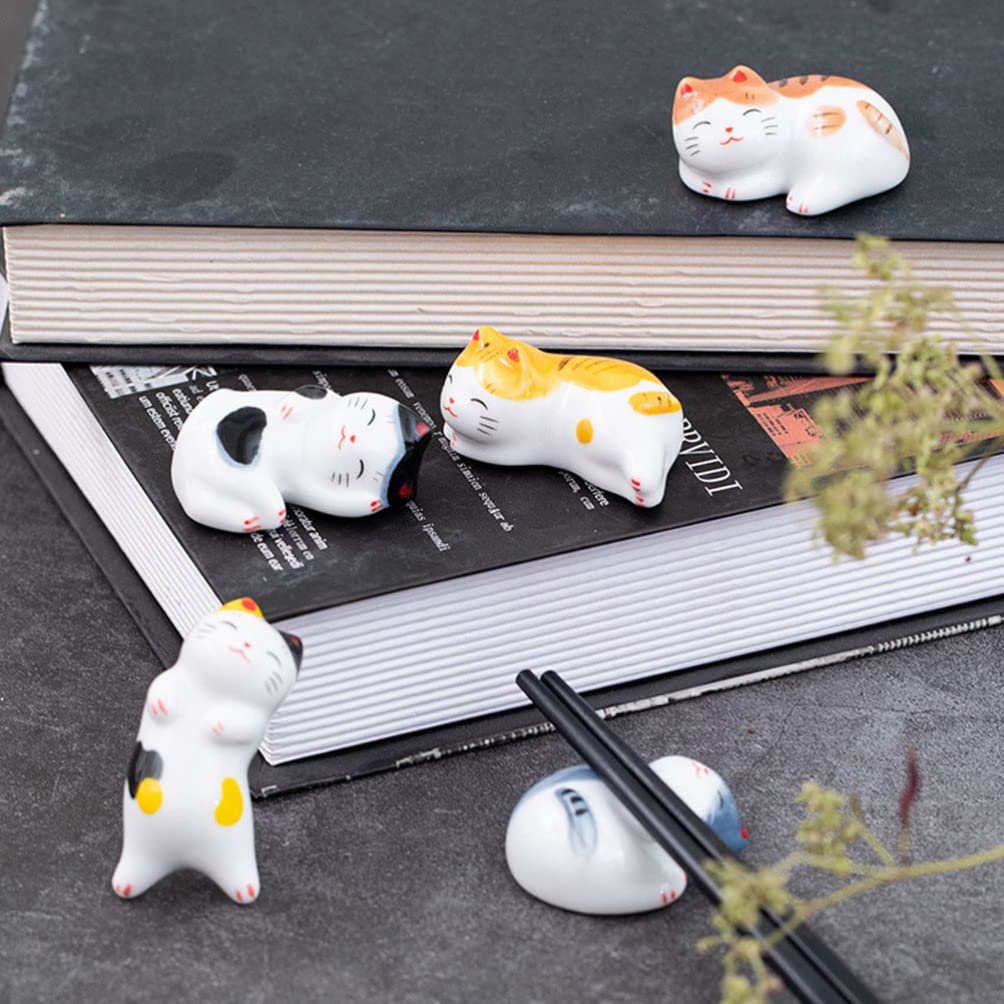 SHERCHPRY Cute Cat Ceramic Chopsticks Holder Stand Rest Lucky Cat Spoon Fork Knife Stand Animal Party Decoration For Holiday Party Dining Table 5pcs