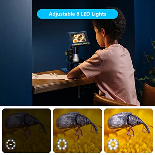 Zealtron Digital Microscope with 4.3'' LCD Screen 1000X, Electronic Microscope 1080P Video Camera with 8 LED Lights, Soldering Coins Microscope for Adults Kids