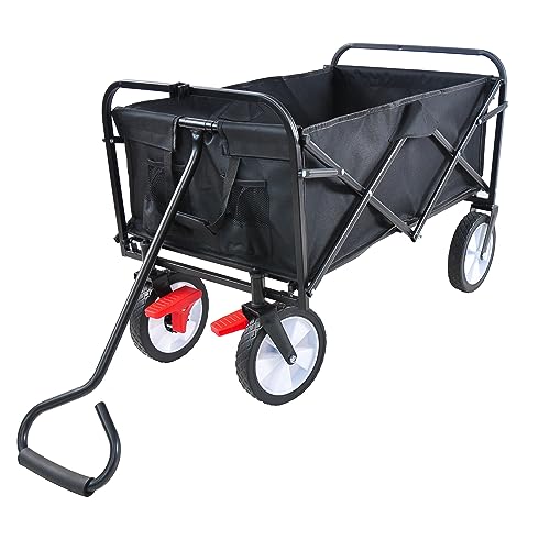 LKIJYG Folding Wagon Camping cart Garden cart Collapsible Outdoor Utility Wagon with Brake (Single Cloth Hopper, Red)
