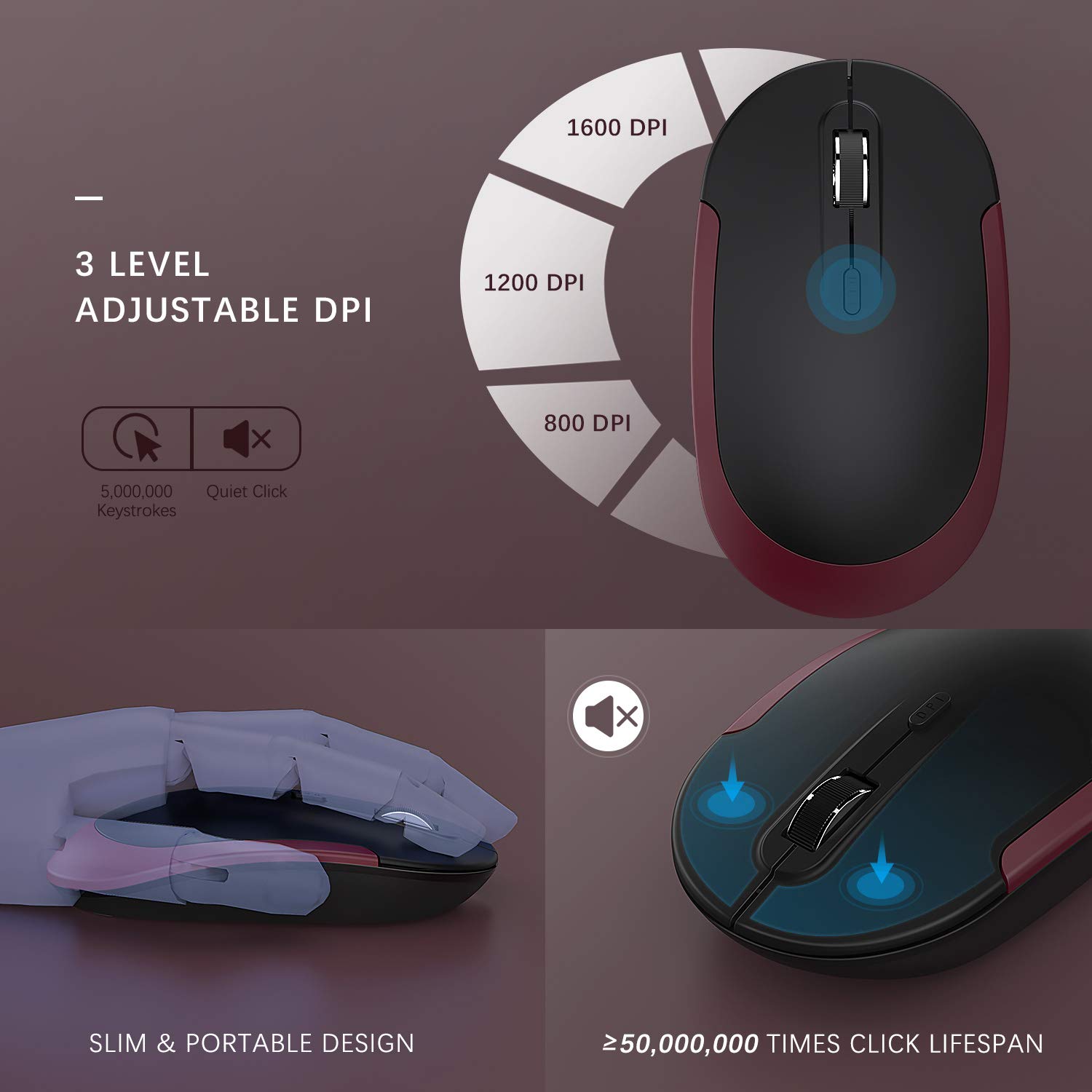 Wireless Keyboard Mouse Combo, Full-Sized 2.4GHz Ultra Thin Silent Cordless Keyboard Mouse Sets (Red)