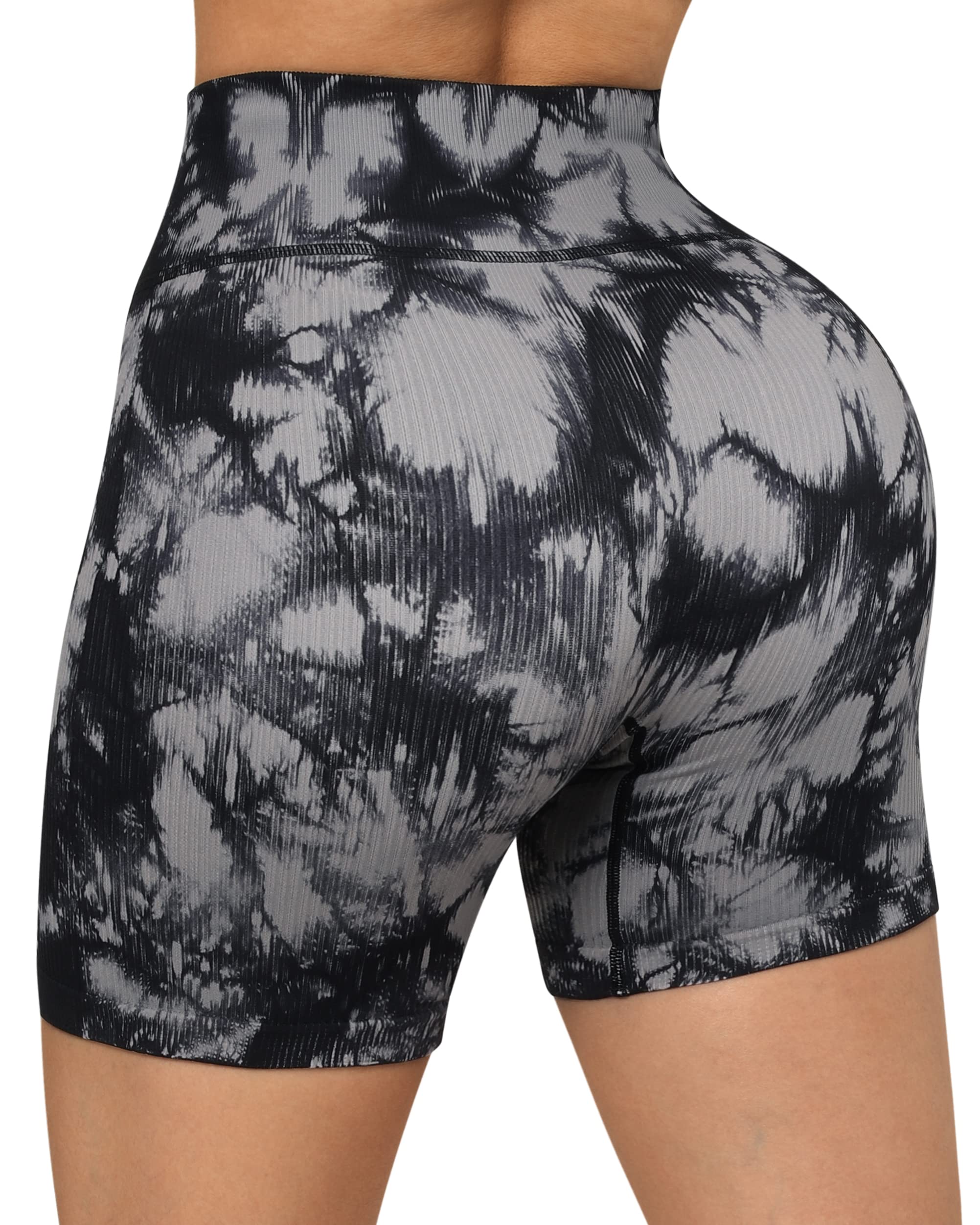 OMKAGI Women Ribbed Seamless Workout Shorts Soft Squat Proof High Waisted Biker Shorts(S,SL717-Black Grey Tie Dye-3inch)