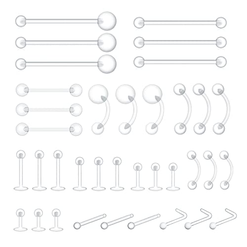 PiercingArt 36pcs Clear Piercing Retainers Bioflex Plastic Jewelry for Nipple Tongue Nose Septum Eyebrow Belly Earrings Tragus Helix Cartilage Industrial Lip Labret Rings Studs For Surgery Mri