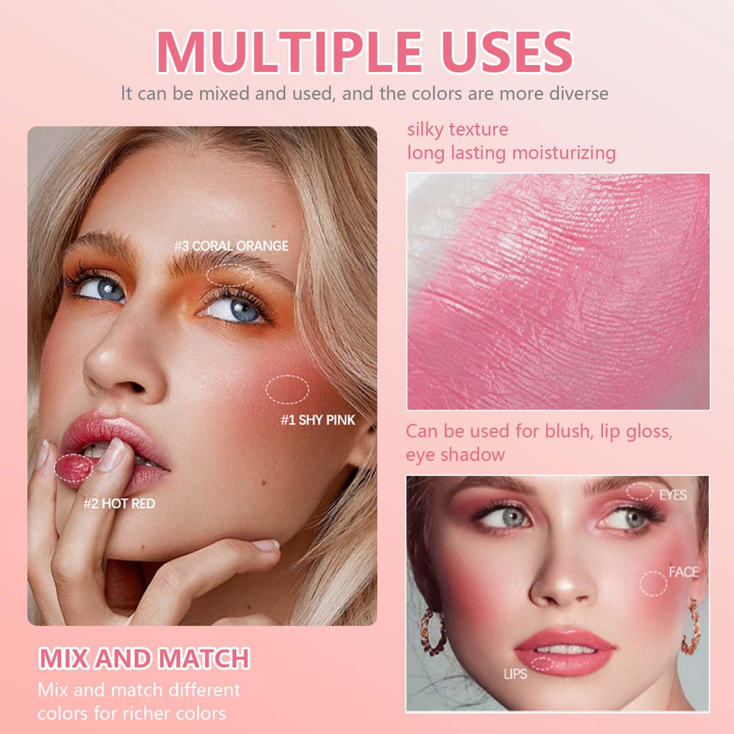 Multipurpose Makeup Blush Stick, Beauty Solid Moisture Stick, Waterproof Natural Nude Makeup, Shadow Lips And Blush Waterproof Creamy Makeup, Easy To Apply (Shy Powder)