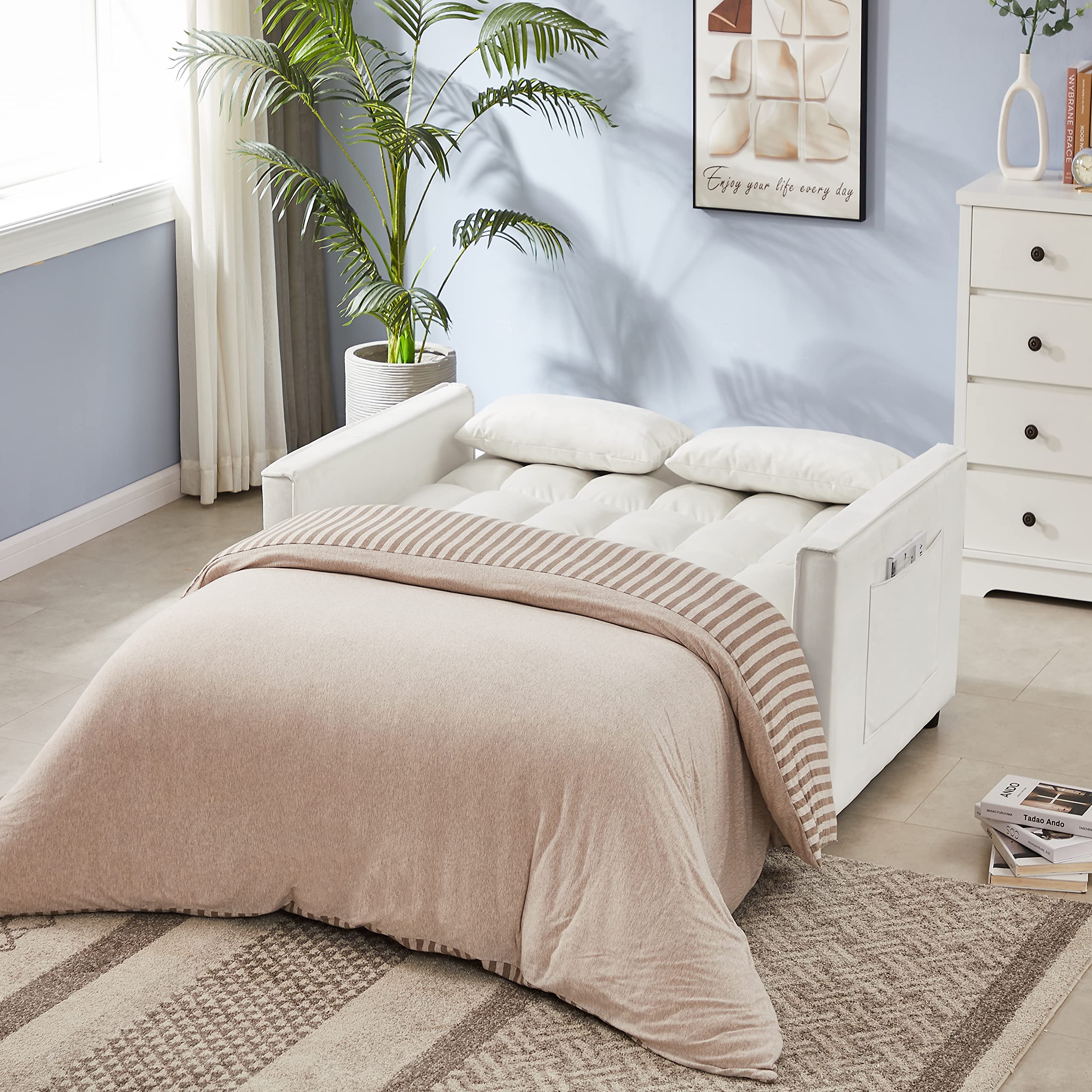 Velvet Sleeper Sofa Couch Bed,3 in 1 Small Modern Convertible Loveseat Futon Sofa with 3 Level Adjustable Backrest, Storage Pockets, Toss Pillows, Pull Out Loveseat Sleeper for Living Room (Beige)