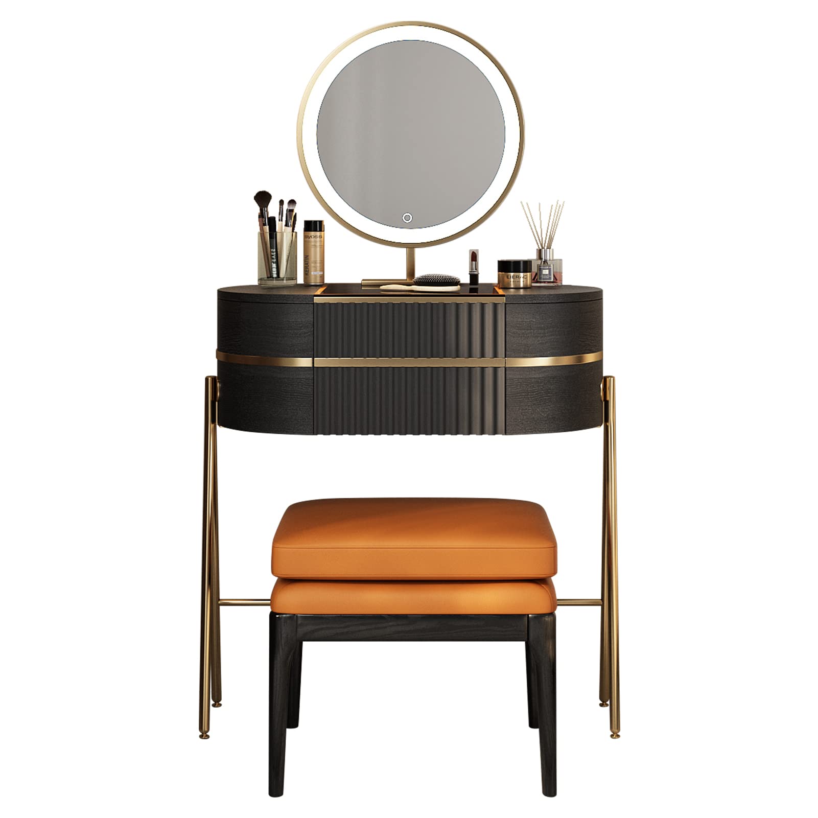 Lartis Makeup Vanity Table with Light, Black Dressing Table with Makeup Stool and Adjustable LED Mirror,Storage Dressing Small Vanity Desk with drawers, Smoky Black Vanity Table Set