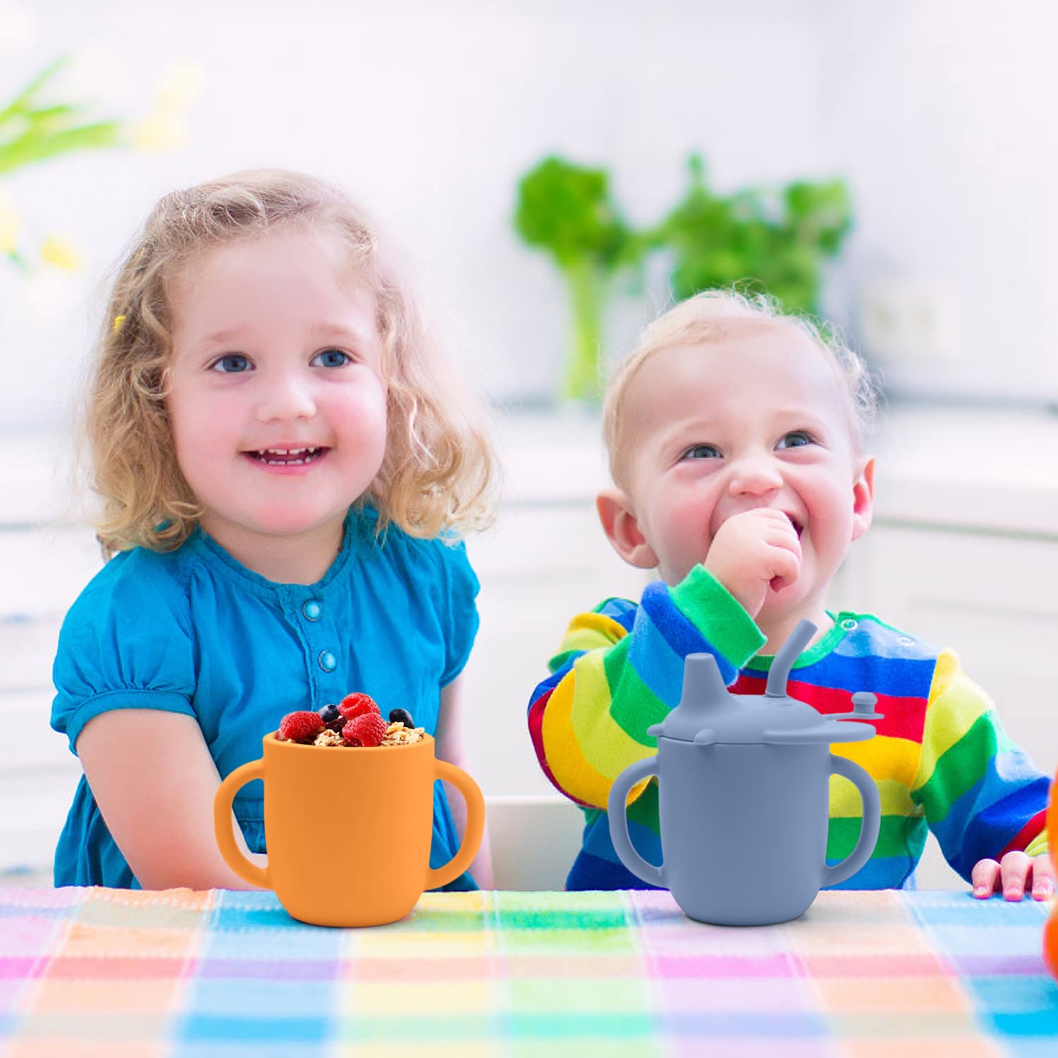 Toddler Sippy Cups,Silicone Straw Cup Spill Proof with Handles for Baby 6+ Months,The First Years Training Cups for 1+ Year Old (7oz,Orange)