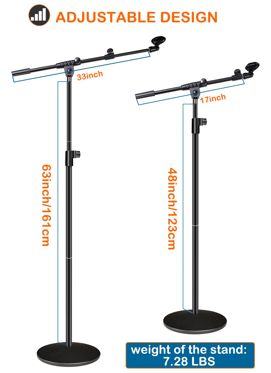 Microphone Stand, Detachable Weighted Round Base Mic Floor Stand with Boom Arm Pop Filter Mic Clips 3/8" to 5/8" Adapter Cable Ties, Height Adjustable from 48" to 63" for Snowball Blue Yeti