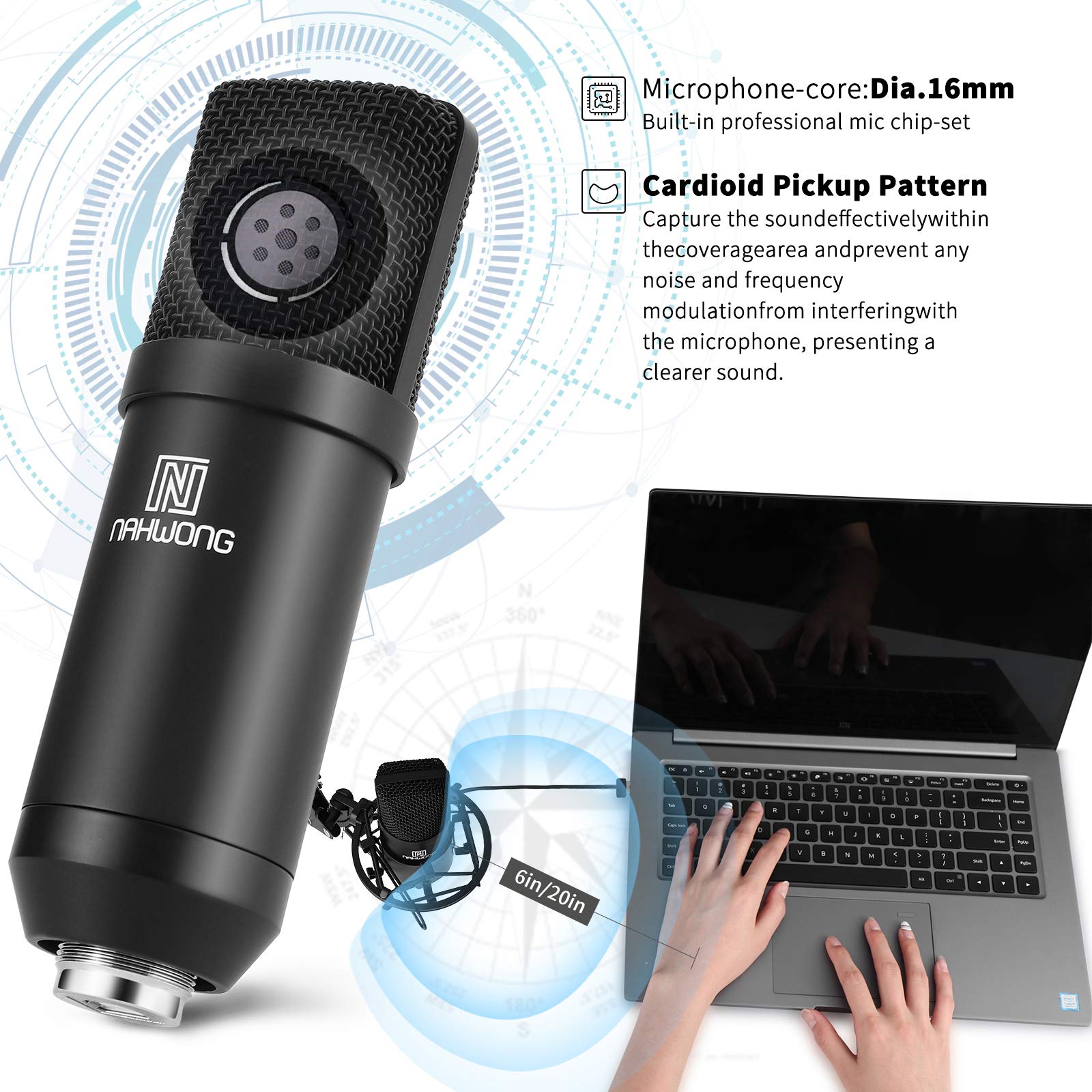 NAHWONG USB Microphone for PC, Professional 192KHz/24Bit Condenser Recording Mic Kit for Podcast, Recordings for YouTube, Streaming,Gaming, Recording Music, Voice Over, Livestreaming