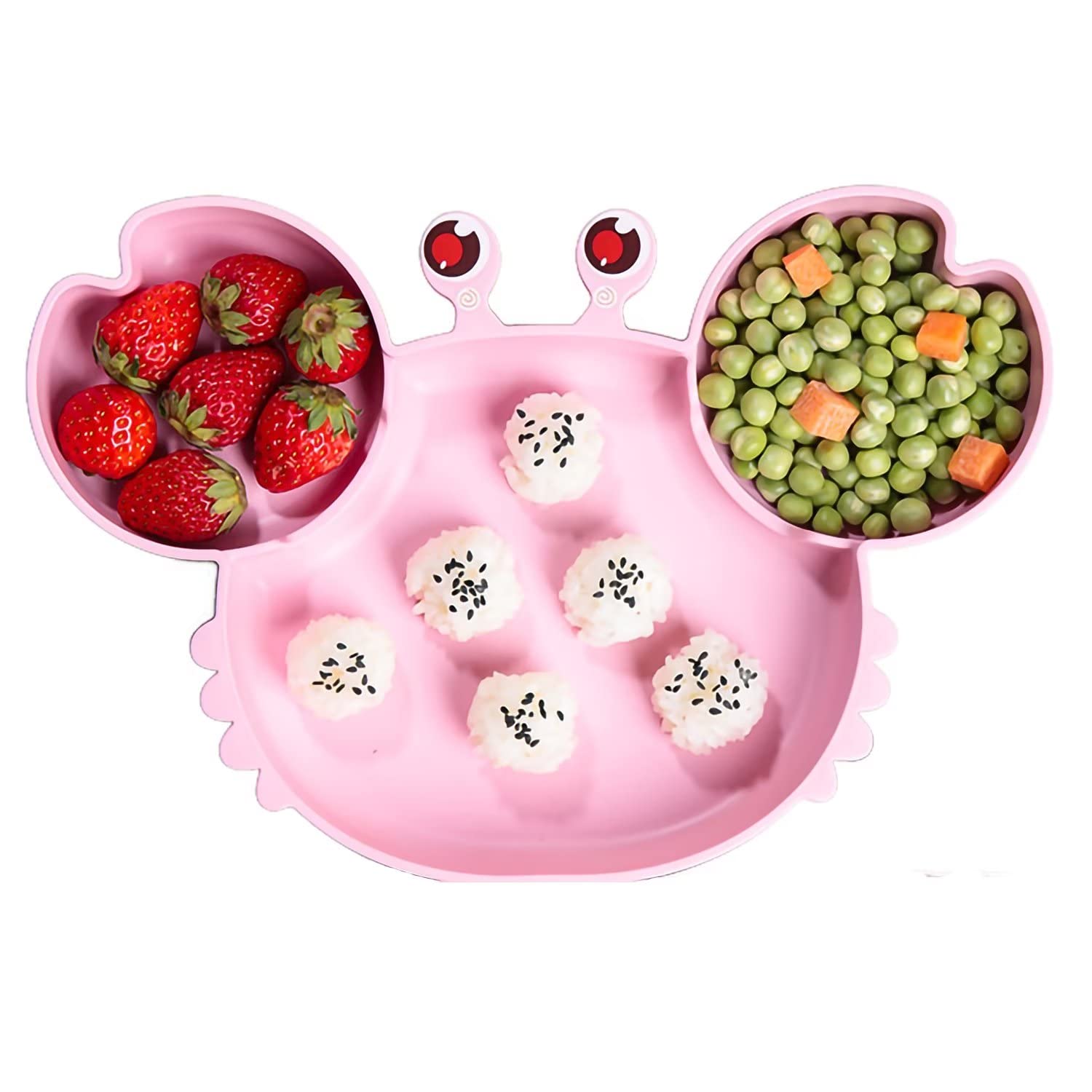 THERDO Toddler Plate and Utensil Set, Divided Baby Plate, Self Feeding Training for Baby, Bamboo Kids Food Plate BPA Free, Microwave Dishwasher Safe, Cute Crab Shaped Cartoon Feeding Plate(Pink)