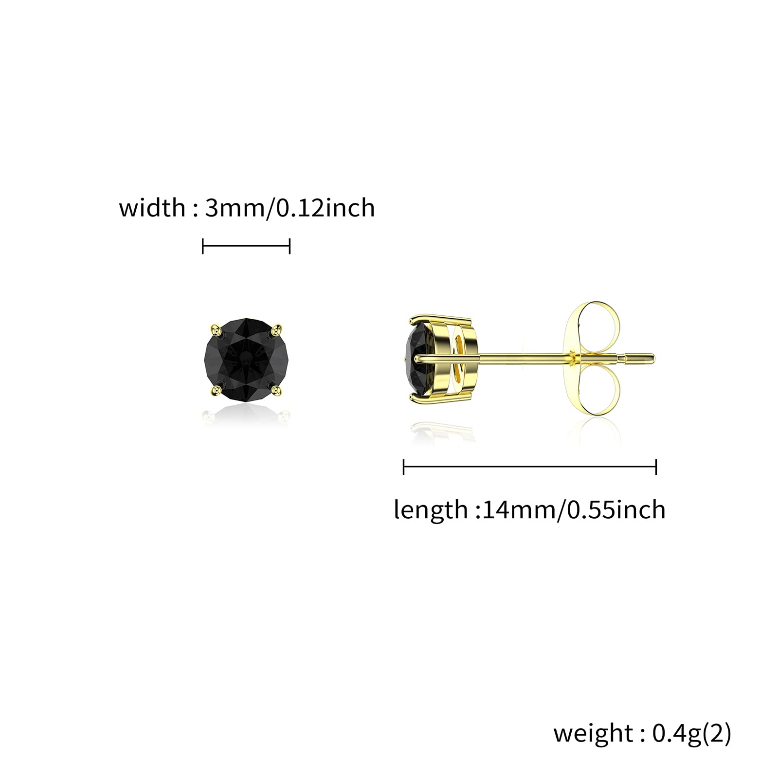 OYOGAA Sterling Silver Stud Earrings Set 3MM-8MM 18K Gold Plated Hypoallergenic Black Cubic Zirconia Studs Earrings for Women(3mm Gold)