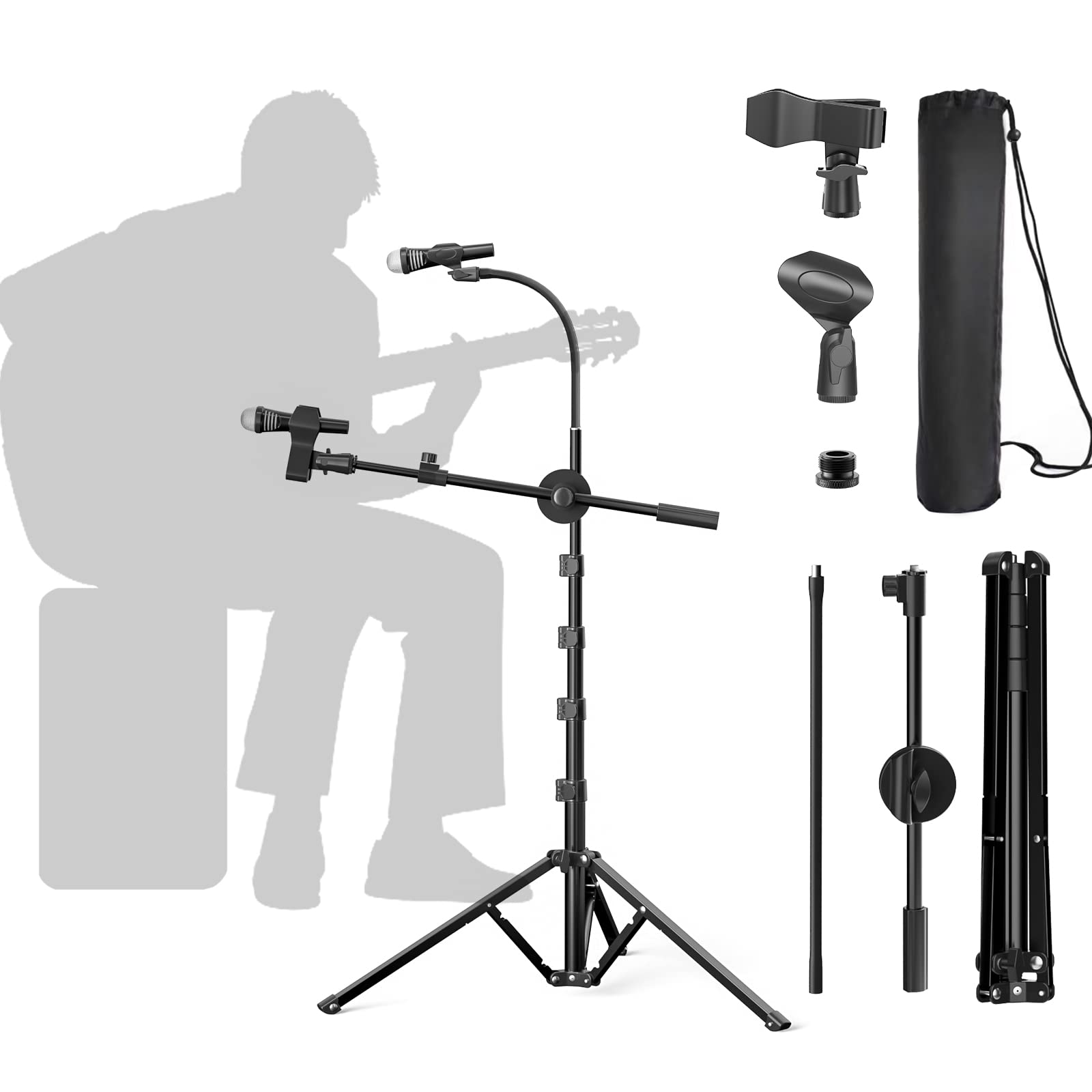 Microphone Tripod Stand, KDD Gooseneck Mic Boom Arm Stand Height Adjustable 30" - 80" with Two Mic Clips, Two Mic Arms and 3/8" to 5/8" Adapter for Singing, Stage, Blue Yeti Snowball, Most Mics