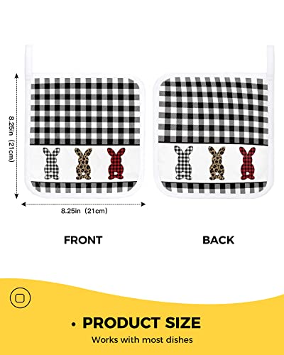 Pot Holder Set of 2 Happy Easter Bunny Black White Buffalo Grid Potholder Heat Proof Non-Slip Pot Holders,Leopard Rabbit Red Check Hot Pads Potholders for Kitchen Cooking Baking BBQ