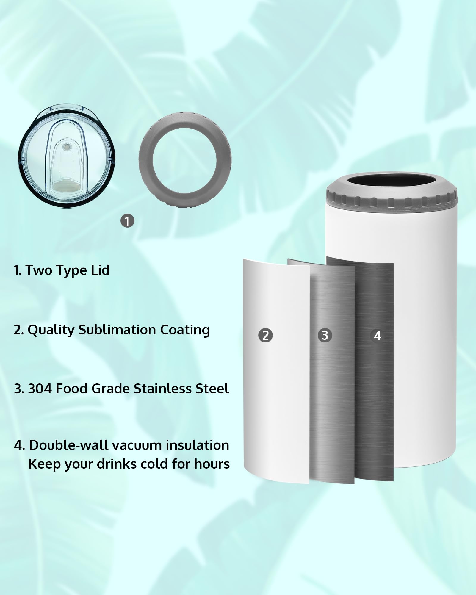 OFFNOVA 16oz Sublimation Can Cooler, 4-in-1 Sublimation Blanks Can Insulated White Stainless Steel Skinny Sublimation Tumbler, Beer Can Cooler