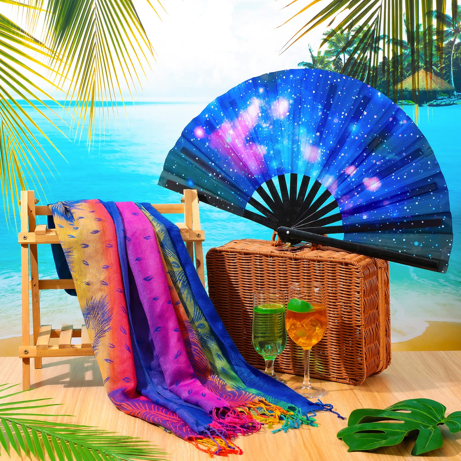 Qunclay 2 Pcs UV Glow Large Rave Hand Fan with Pashmina Scarf for Women Colorful Flowers Jacquard Shawl Performance Hand Fan(Cute)