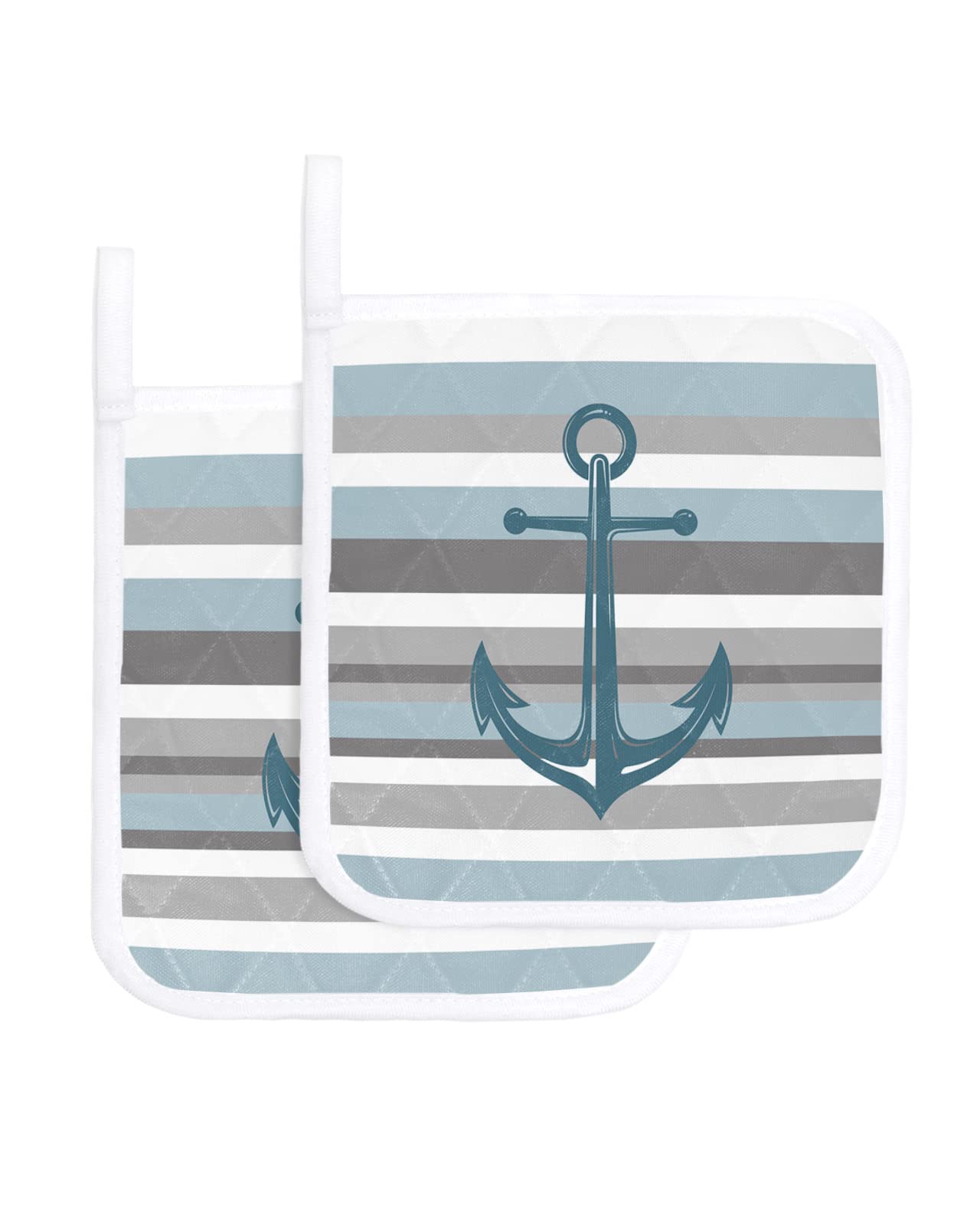 Pot Holder Set of 2 Coastal Nautical Anchor Potholder Heat Proof Non-Slip Pot Holders,Blue Grey Stripe Hot Pads Potholders for Kitchen Cooking Baking BBQ