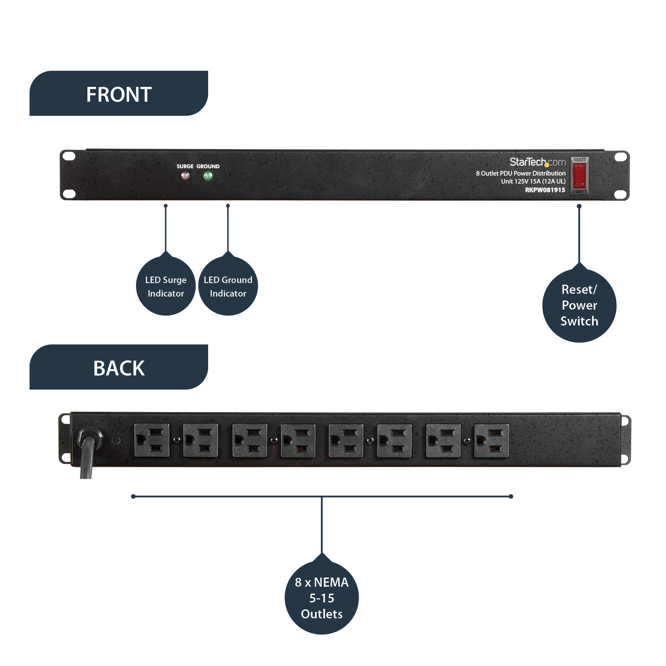 StarTech.com 19" 18U Server Rack Cabinet and 8 Outlet Horizontal 1U Rack Mount PDU Power Strip Bundle