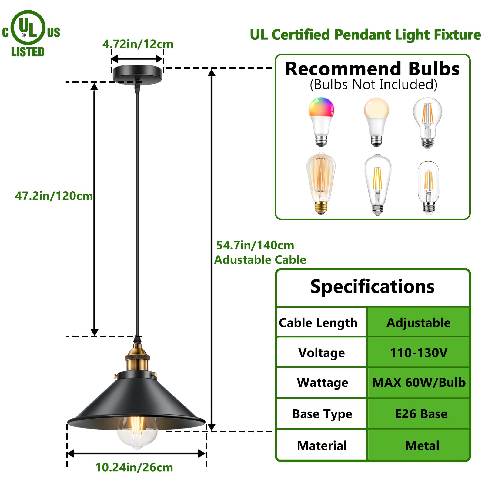 Licperron Industrial Pendant Light E26 E27 Base, Vintage Retro Pendant Light Fixtures Home Kitchen Lighting UL Approval, Bar Lights Hanging, 3 Pack