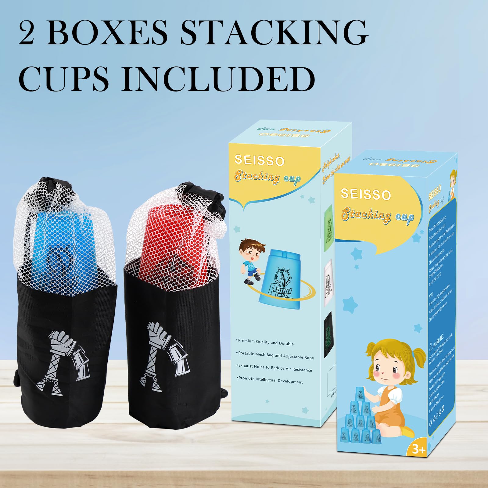 SEISSO Quick Stack Cups 24 PC for Speed Sports Training Game for School Family Party Challenge Competition, Kids Gifts Starter Set of Stacking Cup, Blue & Red