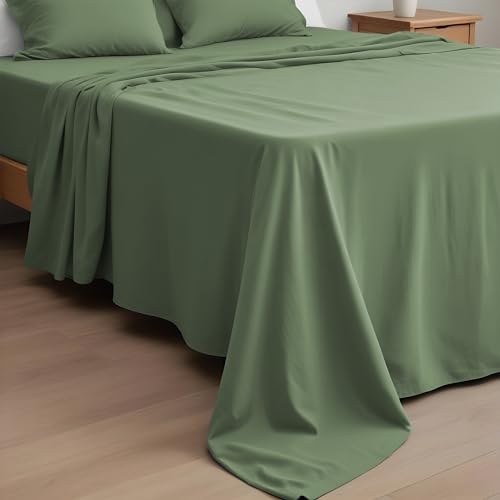 Linenwalas 100% Cotton Percale Sheet Set Full Size, Strong Breathable Crisp and Cooling Premium Cotton 4 Piece Sheet Set- 1 Flat, 1 Fitted, and 2 Pillowcases (Avocado Green/Full Size)
