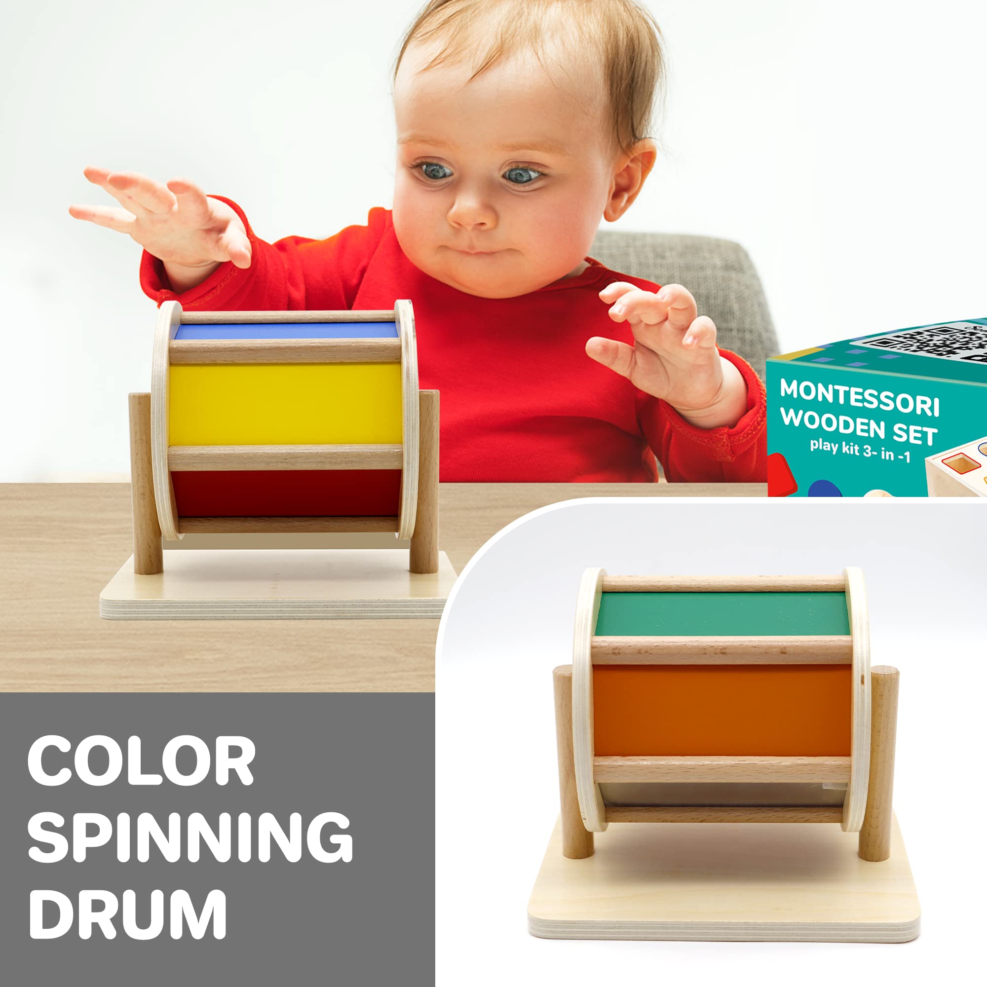 QUOKKA Montessori Toys for Babies 12 Months - Orange Shape Sorter Toys for Toddlers 1 2 3 Year Old | Rainbow Spinning Drum | Sorting Cube | Discs on Dowel | Wooden Learning Educational Game