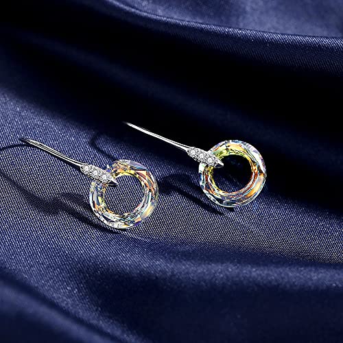 Malanda 925 Sterling Silver Circle Drop Earrings for Women Swarovski Crystal Hook Dangle Earrings Birthday Jewelry Gift for Mom (Crystal Aurora Borealis)