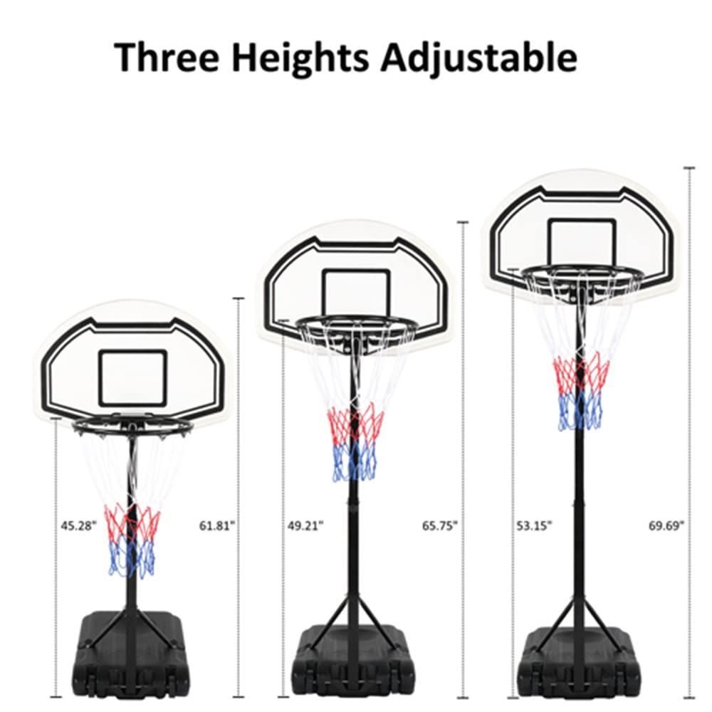 Portable Poolside Basketball Hoop w/Wheels, 45”-53” Height-Adjustable Basketball Stand System w/PP 28” Backboard, 15” Steel Rim & Fillable Base
