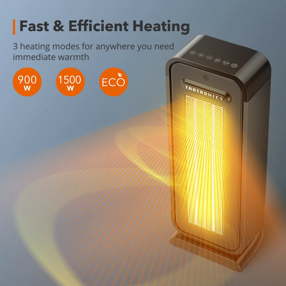 TaoTronics TT-HE003 Space Heater, 1500W Electric Portable Fast Heating Widespread Oscillation ECO Mode 12 Hrs Timer with Remote Control for Indoor Use Home, Small, Black