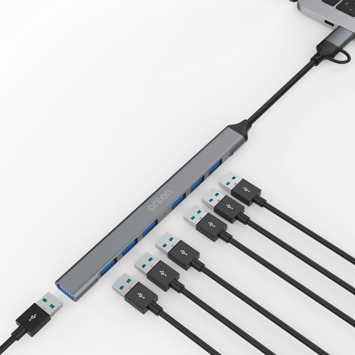 USB C Hub, ONTEN USB C USB to USB Adapter, USB C to USB A Hub, 7 Ports USB-C USB to USB Hub 3.0/2.0, for MacBook Pro, iMac 2021, USB Splitter Aluminum Alloy, Color Gray