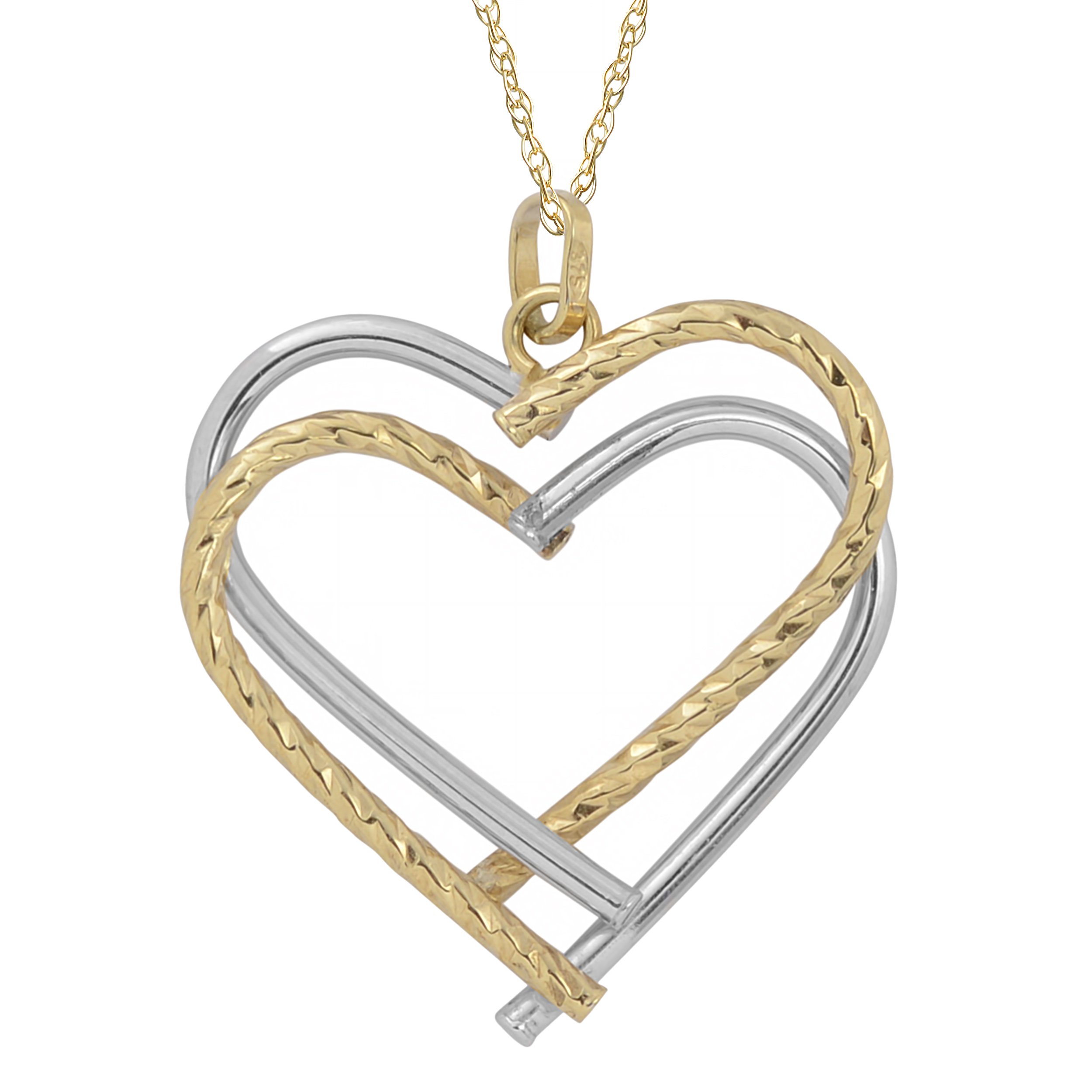 Kooljewelry 10k Two-tone Gold Double Heart Pendant Rope Chain Necklace (18 inch)