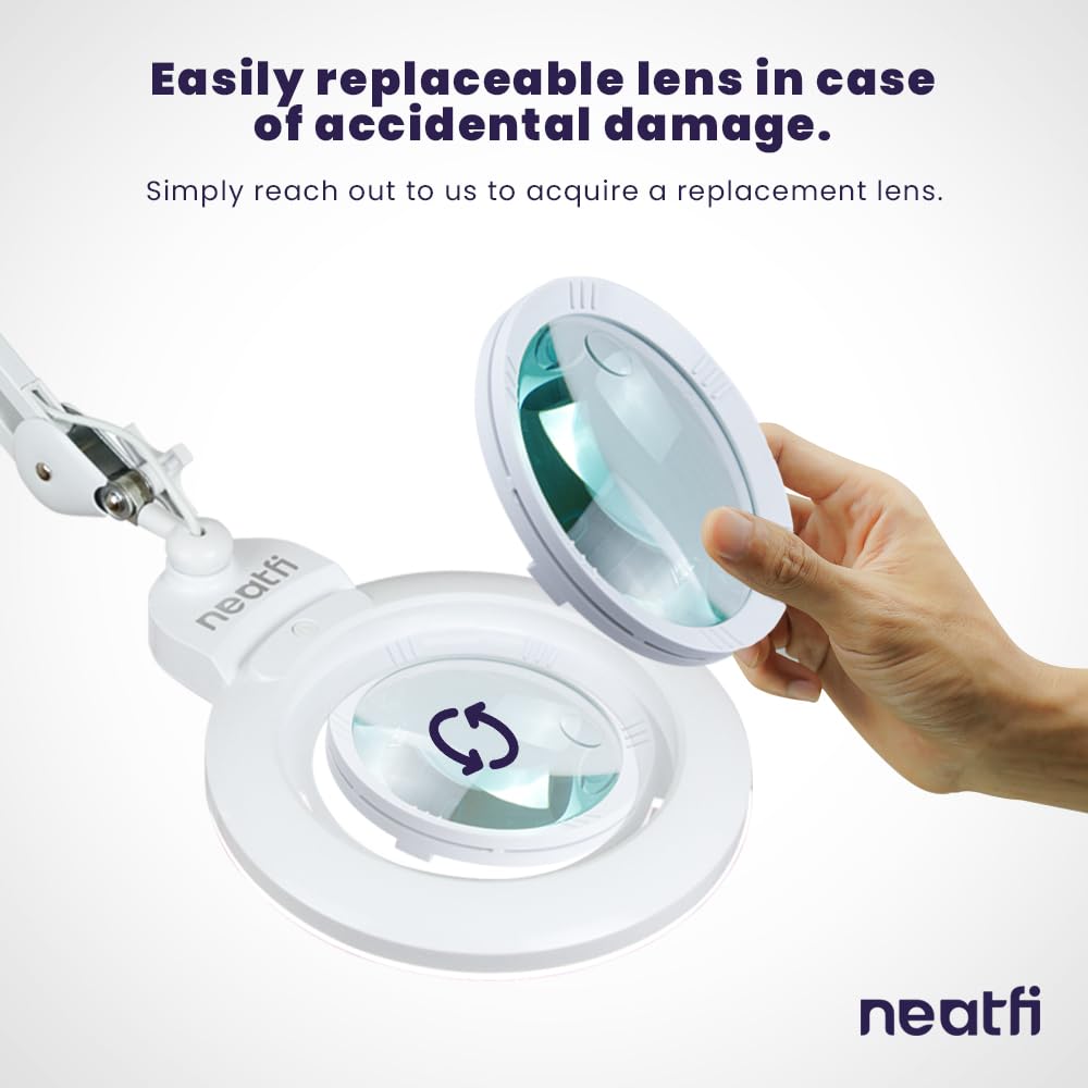 Neatfi XL Bifocal LED Magnifying Lamp, 7-Inch Acrylic Lens, 5D/20D Magnification, Hands-Free, Dimmable, 84 SMD LED, Adjustable Arm for Crafts, Reading, Close Work (with Clamp, White)