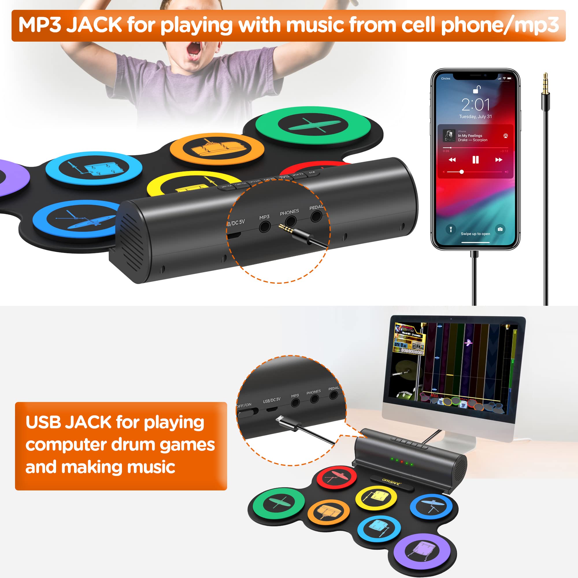 ORASANT Real-Effect Rechargeable Portable Electronic Drum Set, Multi-Functional Electric Drum Set with Volume Adjustable Built-in Speaker Headphone-Jack Foot Pedals Sticks 10H Playtime, Christmas Gift