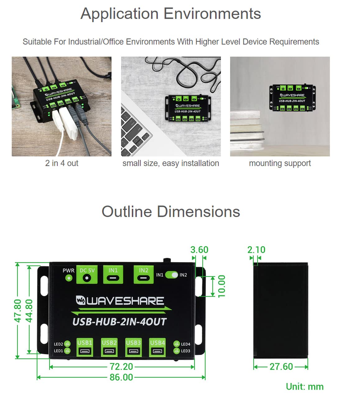 waveshare Industrial Grade USB HUB Extending 4X USB 2.0 Ports Switchable Dual Hosts Sharing USB Devices for Two Hosts Without Power Supply