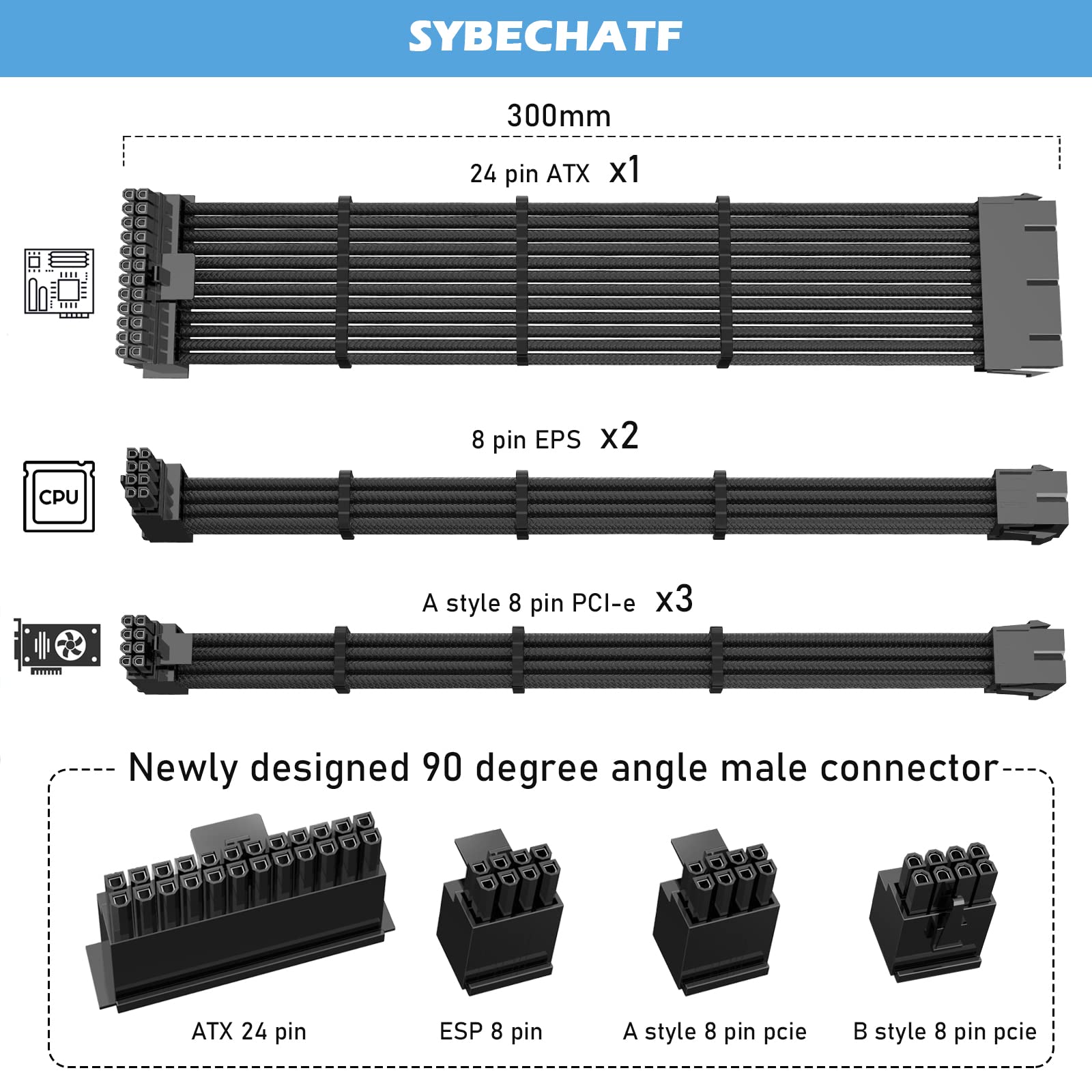 SYBECHATF Power Supply PSU Sleeved Extension Cable Kit with 90 Degree Right Angle Connector Adapter,ATX/EPS/8 Pin PCIE for PC PSU Cable Black with Combs 6 Pack 30CM
