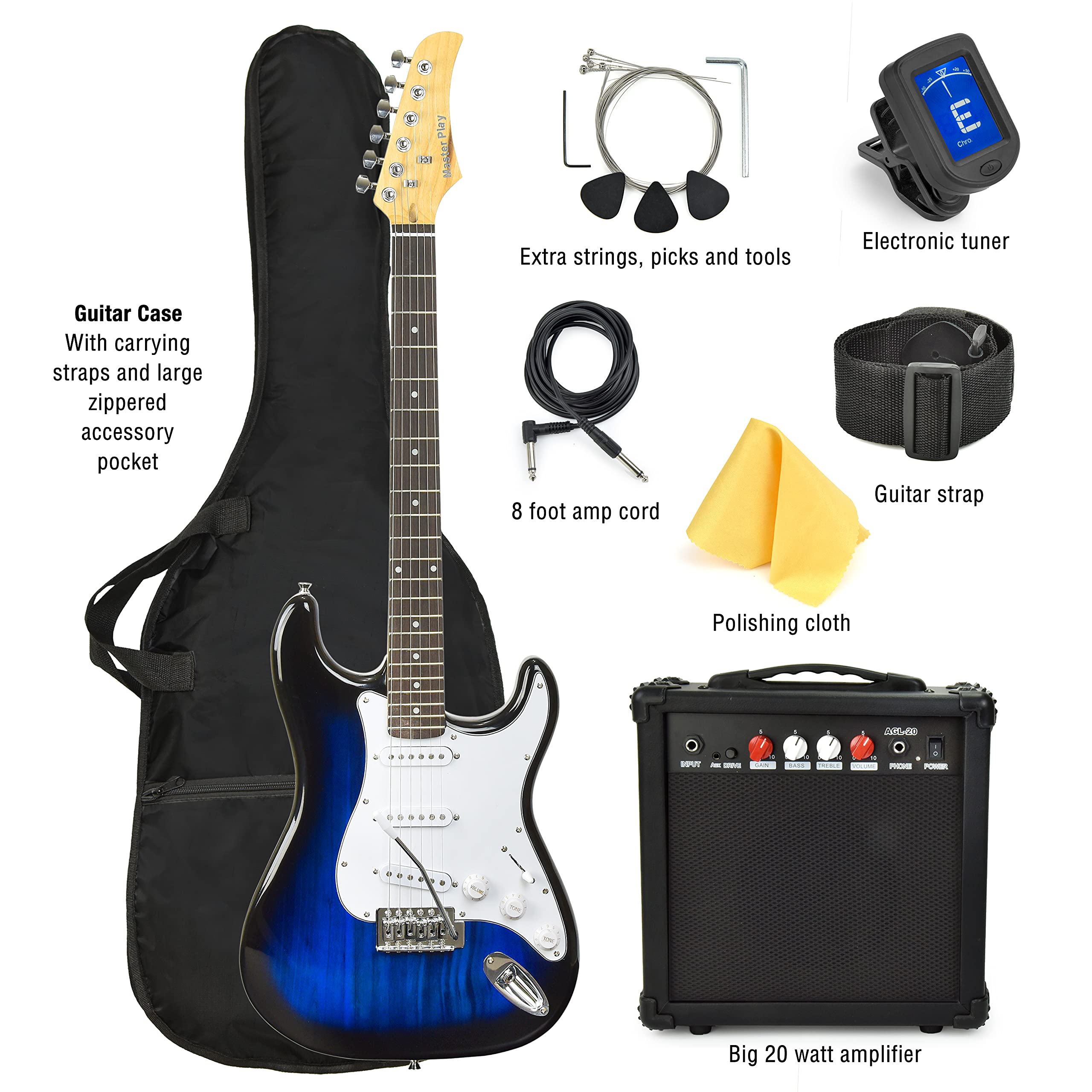 Master Play 39 Inch Electric Guitar,For Kids/beginner With Complete Starter Kit, 20 Watt Amp, 6 Extra String, Picks, Gig Bag, Shoulder Strap, Digital tuner, Cable, Wash Cloth