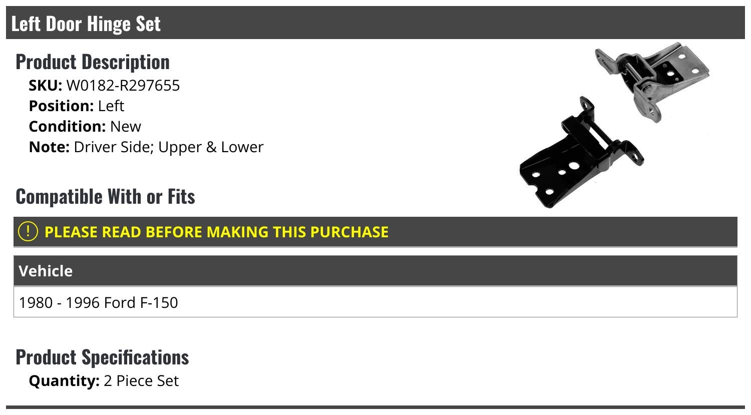 Marketplace Auto Parts Left Driver Side Door Hinge 2 Piece Set - Compatible With 1980-1996 Ford F150