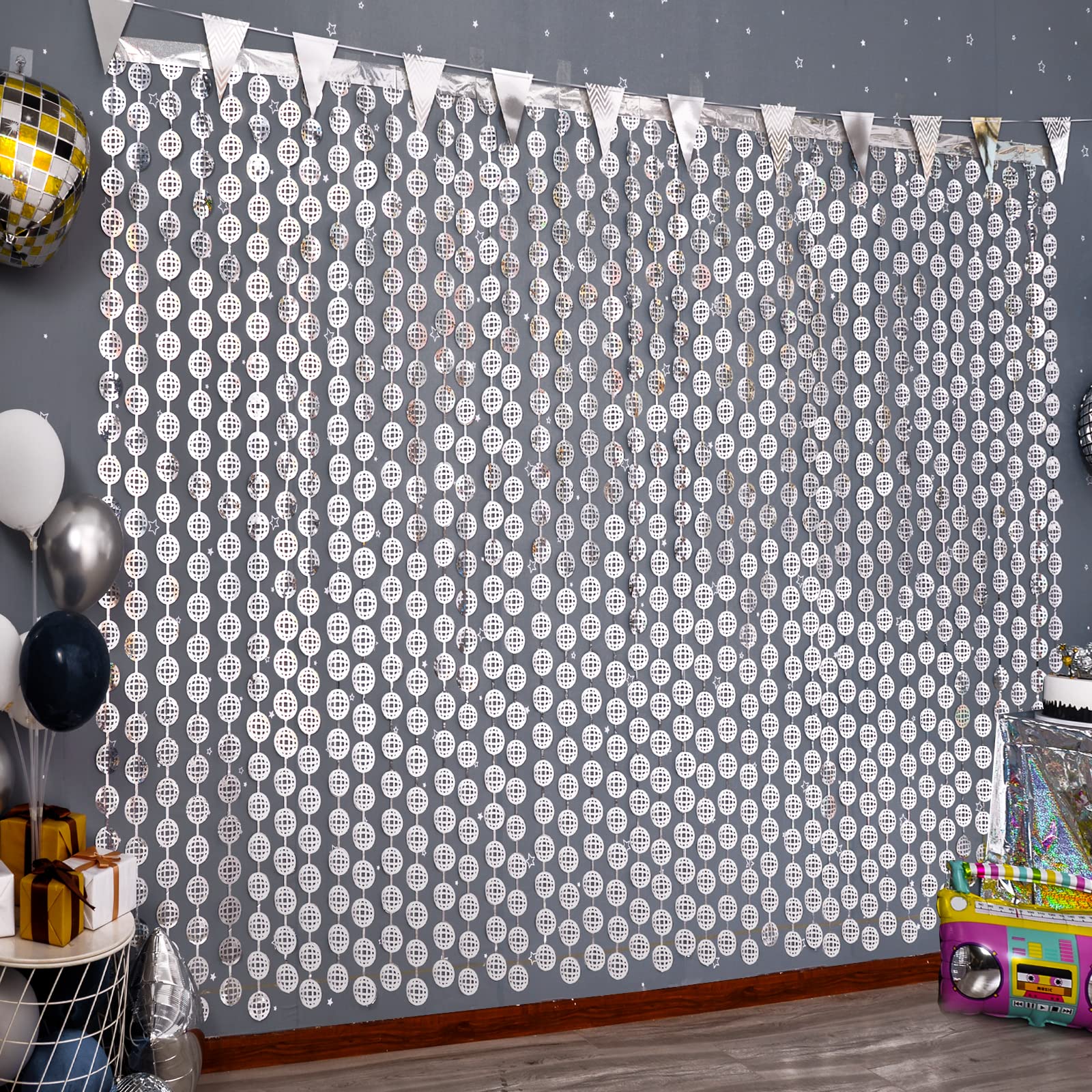 MENSTARSI Disco Party Decorations, 4 Pack Disco Ball Photo Booth Props,3.3x6.6 ft Silver Foil Fringe Curtains Photo Backdrop for The 70s & 80s Last Disco Bachelorette, Decades, Taylor Party Decor