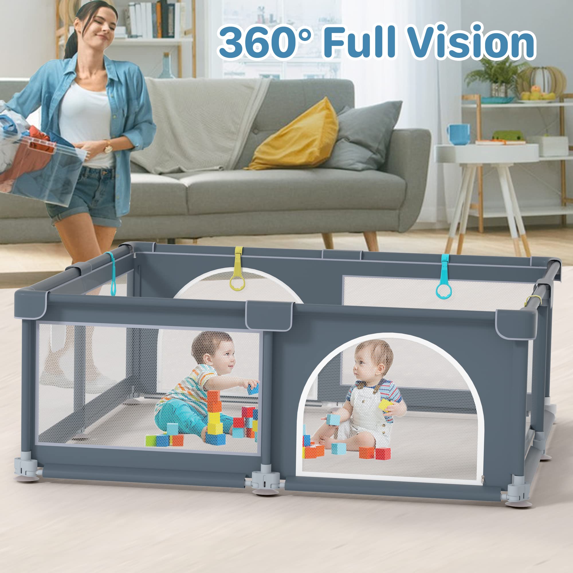 MARLBSIDE Foldable Playpen, Extra Large Baby Playpen, Packable & Portable Play Pens for Babies and Toddlers, Baby Play Yards with Breathable Mesh (Grey,71x71inch) HN-669