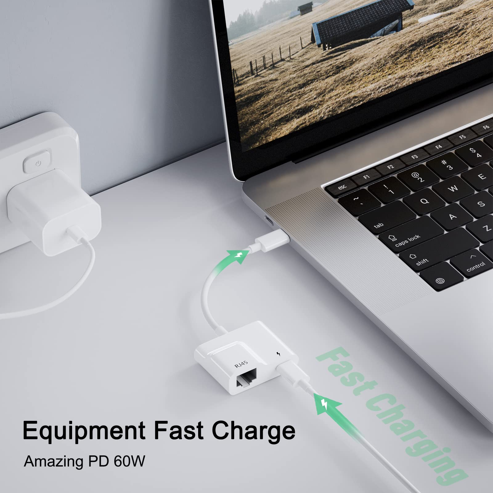 USB C to Ethernet Adapter,Type C ethernet adapter RJ45 100Mbps Ethernet Network Adapter with 60W Charger Port Compatible with MacBook Pro/Air, iPad Pro, Plug and Play