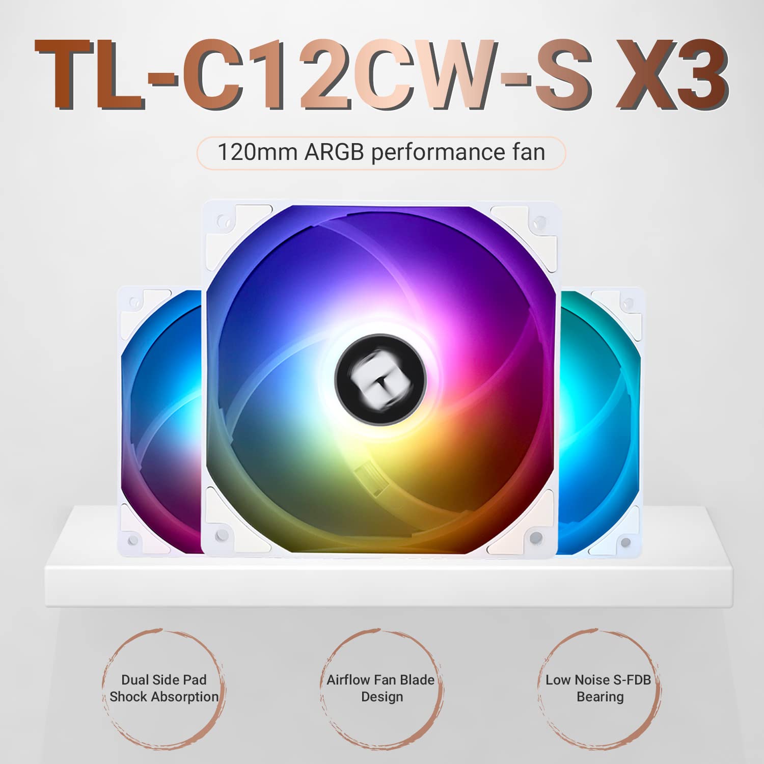 Thermalright TL-C12CW-S X3 CPU Fan 120mm White ARGB Case Cooler, 4pin PWM Silent Computer Cooling Fan with S-FDB Bearing Included, up to 1550RPM(3 Quantities)