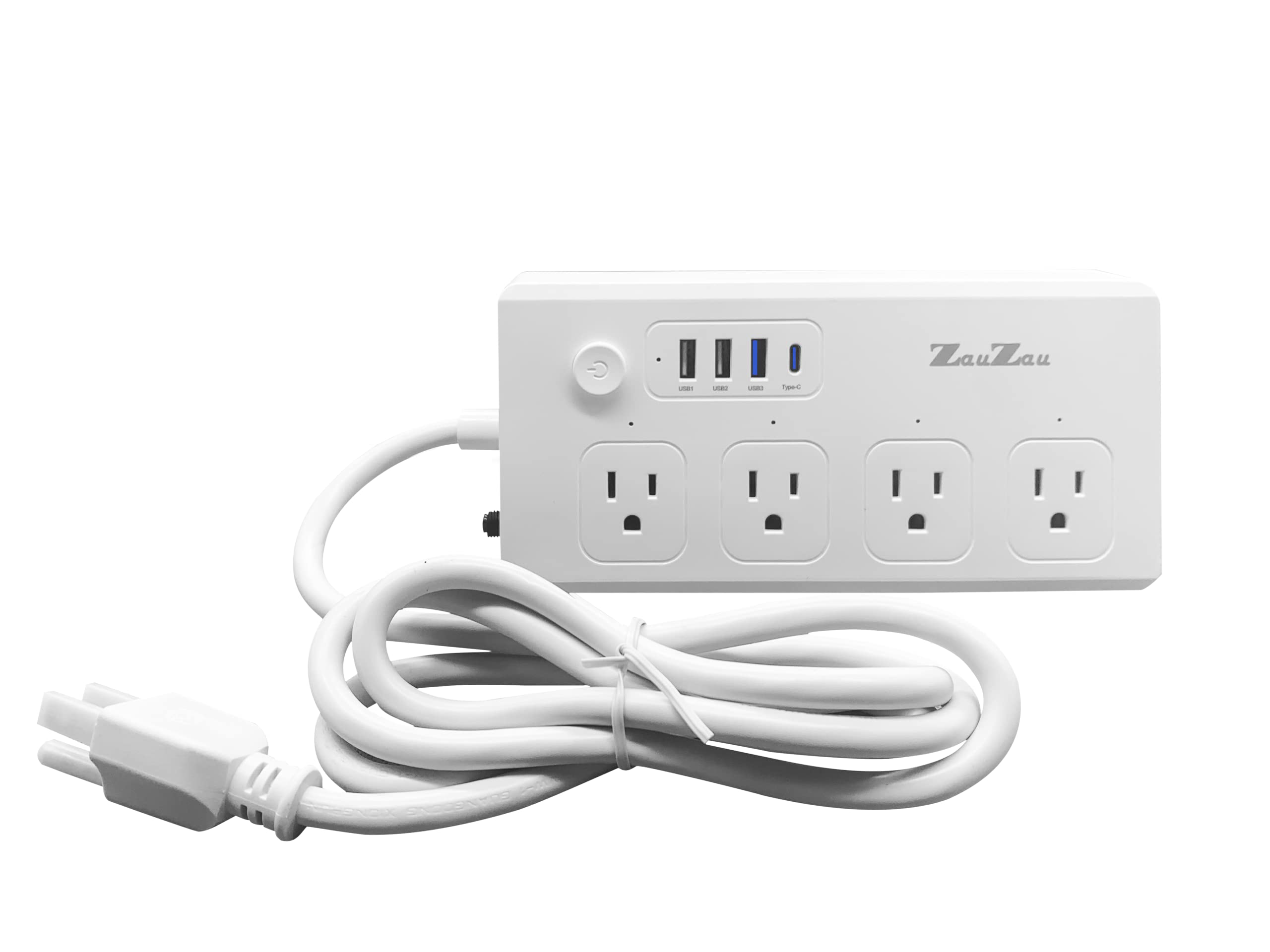 Zauzau Smart PD Power Strip and Surge Protectors Type-C 30W USB-C 18W 4 AC outlets 10A 1650W 5 feet Extension Cord Flat Plug for Home Office Hotel