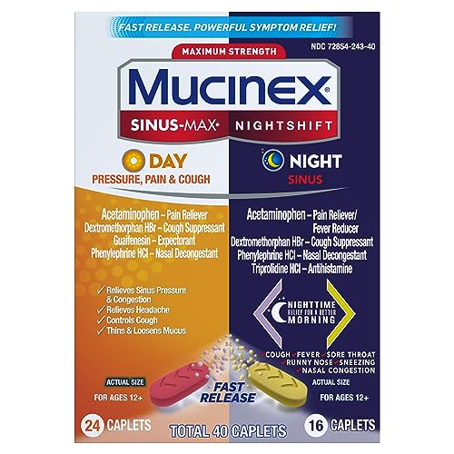 Mucinex Sinus-Max Day Pressure, Pain & Cough & Nightshift Night Sinus Medicine for Adults, Day/Night Combo Pack for Sore Throat Relief, Nasal Congestion Relief, Cough & Cold Medicines, 40 Caplets